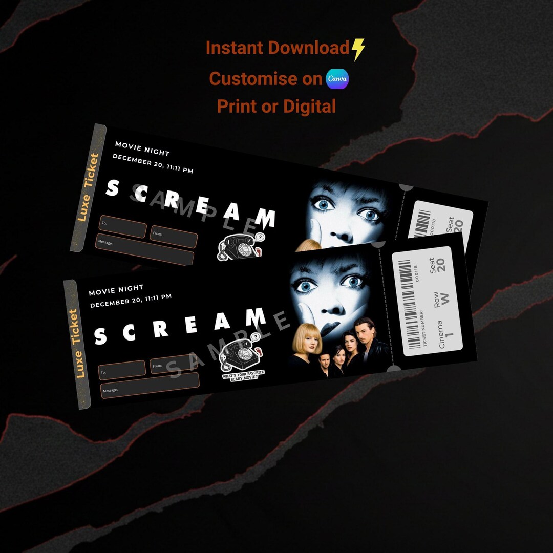 Scream (1996) Souvenir Ticket Template | Horror Movie Night Gift ...