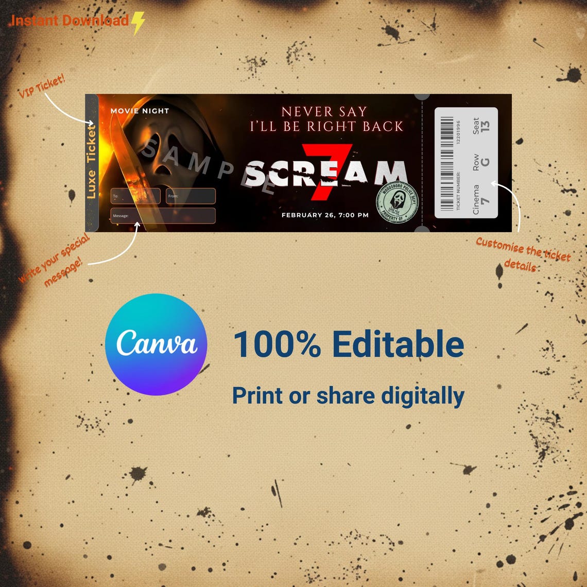Custom Scream 7 Ticket Template, Movie Souvenir (editable Canva) - Etsy