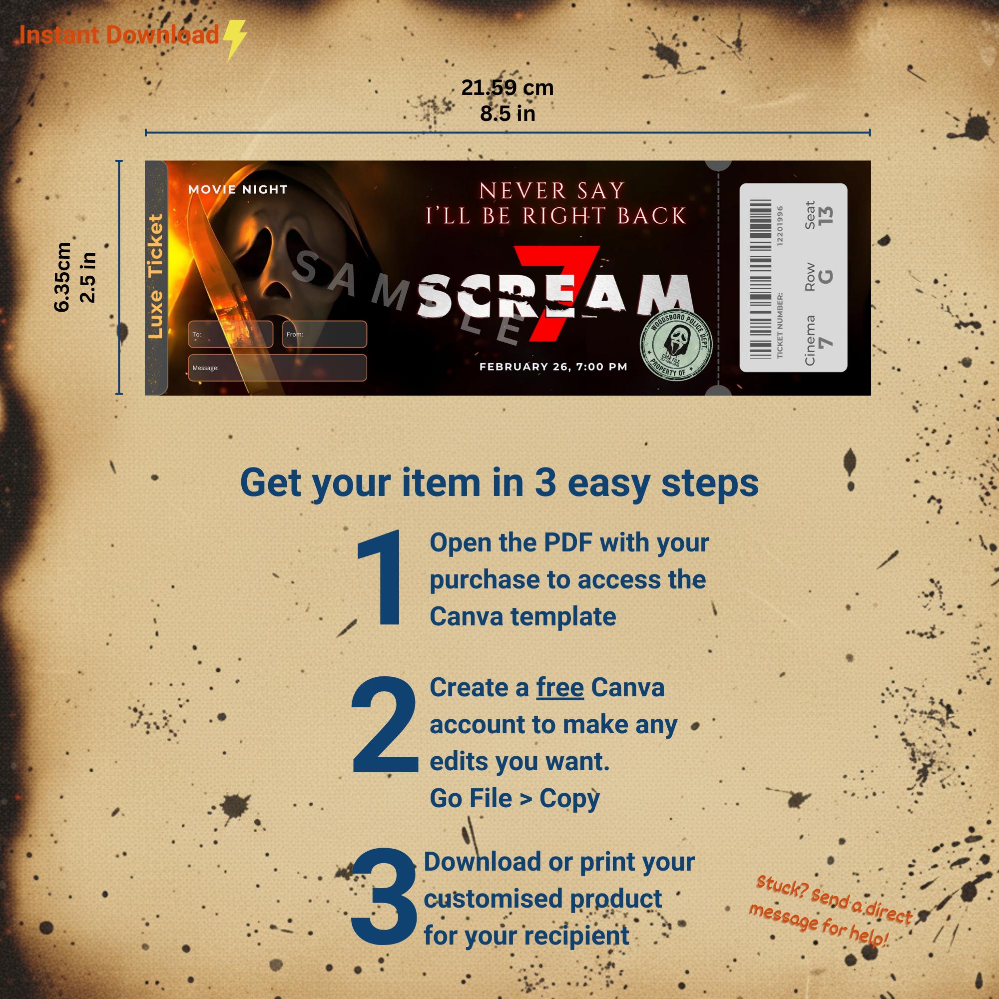 Custom Scream 7 Ticket Template, Movie Souvenir (editable Canva) - Etsy