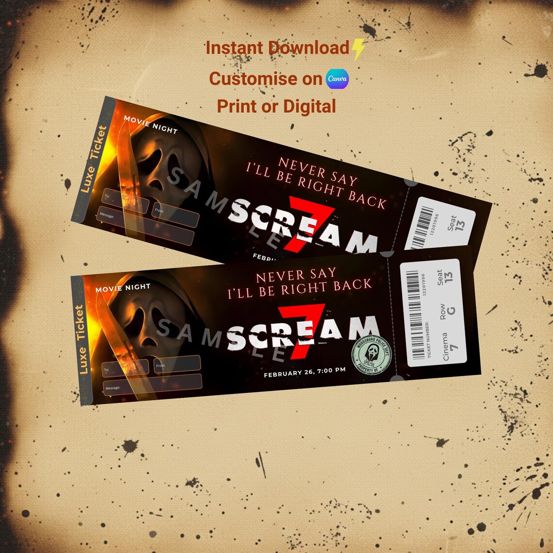 Custom Scream 7 Ticket Template, Movie Souvenir (editable Canva) - Etsy