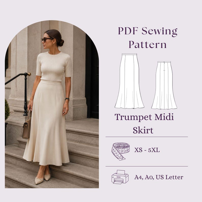 Trumpet Midi Skirt Sewing Pattern PDF, High Waist Flared Skirt DIY - Etsy