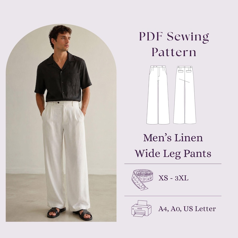 Mens Linen Wide Leg Pants Sewing Pattern PDF, Relaxed Fit Trousers DIY ...