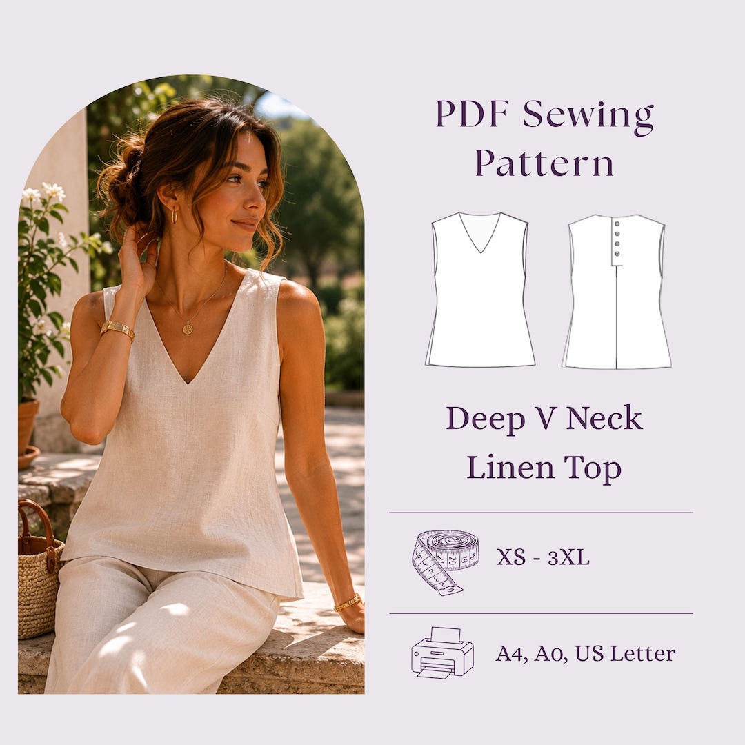 Deep V Neck Linen Top Sewing Pattern PDF, Sleeveless Minimalist Blouse ...