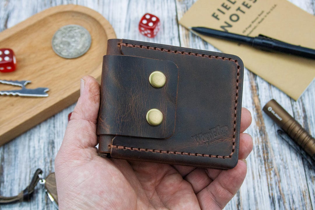 Leather Bifold Wallet With Button Closure | Handmade Minimalist EDC ...