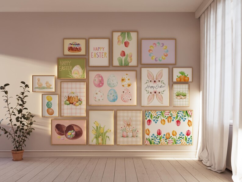 Easter Bunny Egg Gallery Wall Art Set, Pastel Spring Nursery Decor (25 ...