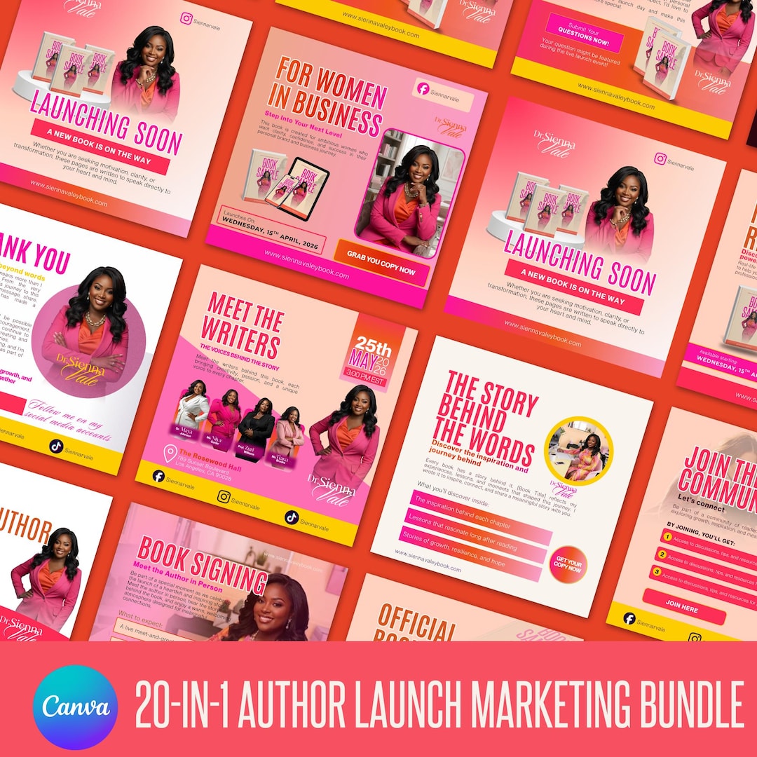 Editable Pink Book Author Launch Marketing Bundle, Canva Book Promotion ...