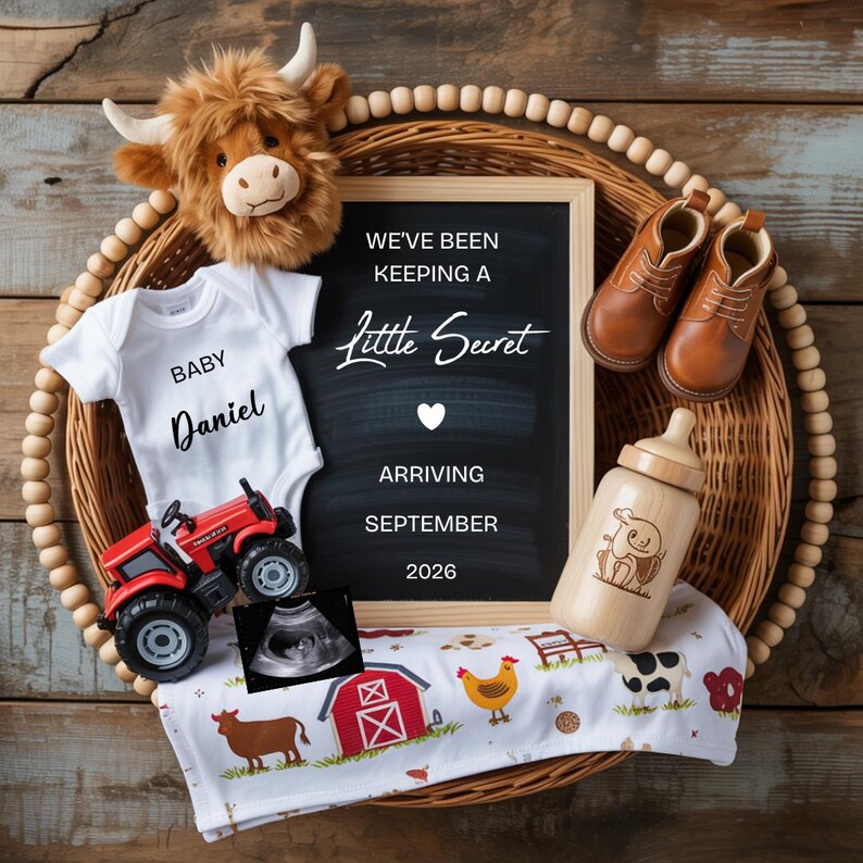 Farm Pregnancy Announcement, Canva Template, Cow Field Baby Reveal ...