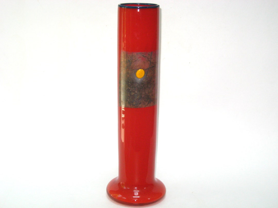 Studio Paran Art Glass 14" Tall Cylinder Vase Red W/ Applied Enso +lip ...
