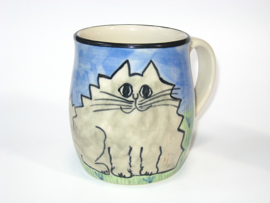 Karen Donleavy Signed KD Hand Thrown Painted White Persian CAT Mug ...