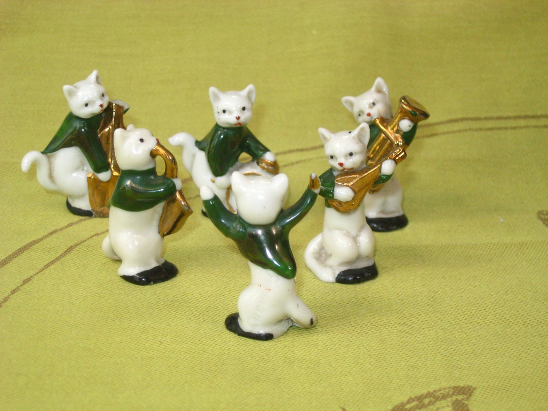 Retro CAT BAND ORCHESTRA 6 Piece Figurines; Green & Gold Porcelain ...