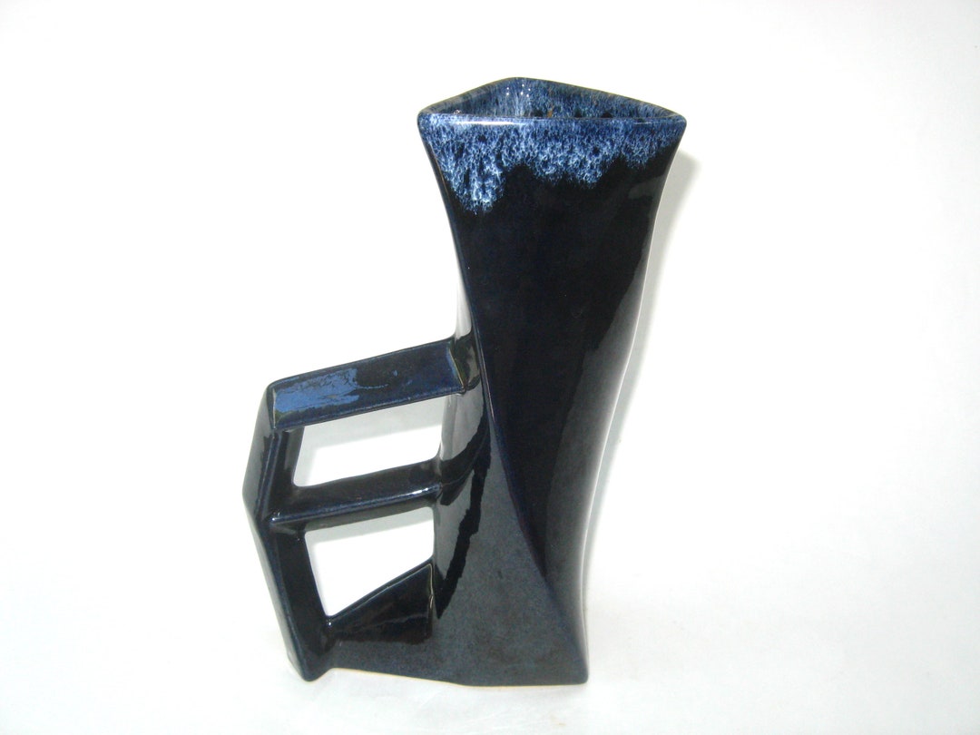Anna Van Briggle Blue Drip Glaze on Black Tankard Mug Cubist 9" Tall ...