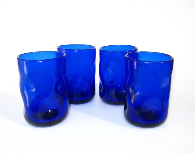 Blenko Glass Dimpled Pinched Indented Tumblers #418s Set of 4 in Cobalt ...