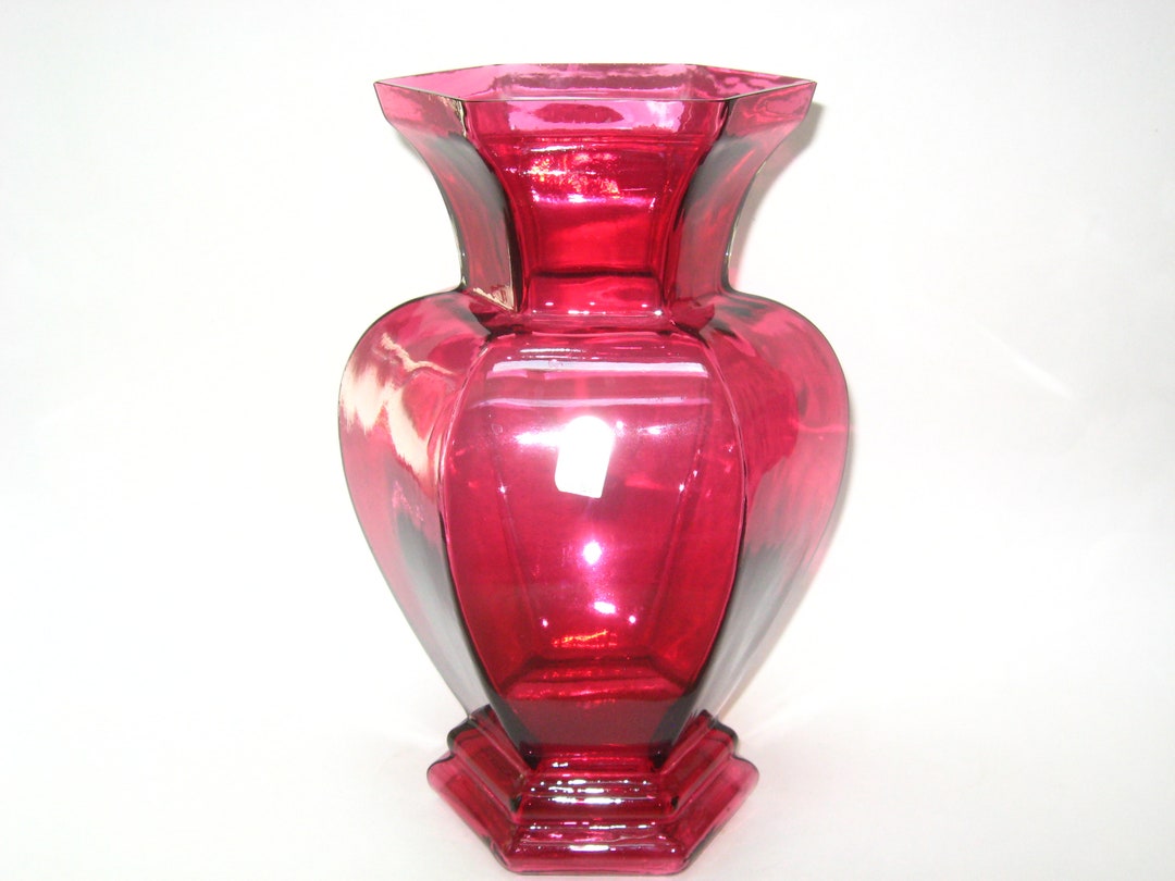 Pilgrim Cranberry Glass Rare Very Large 12" Tall Hexagonal Vase Vintage ...