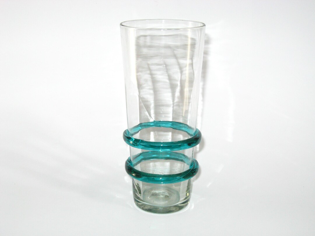 Blenko Glass Turquoise Blue Double Ring "saturn" Drinks Tumbler; Vintage MCM Mouthblown Highball ...