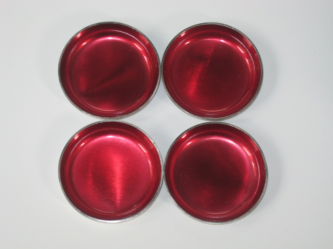 Set 4 Meka Denmark Red Enamel & Silverplate Open Salt Dips/ Butter Pats ...