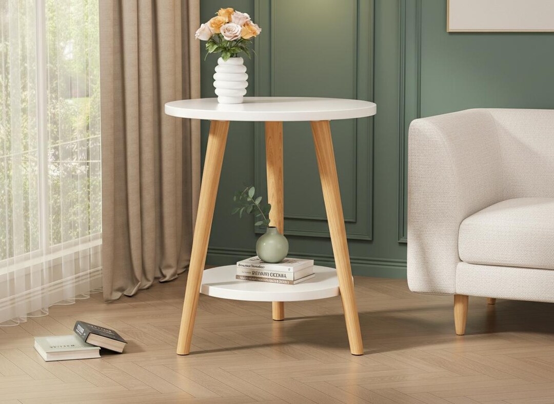 Modern Double Layer Coffee Table, Round Small Wooden Side & End Table ...