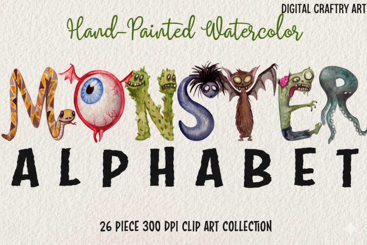 Monster Alphabet Clipart Bundle 26 PNG Watercolor Letters 300 DPI Kids ...