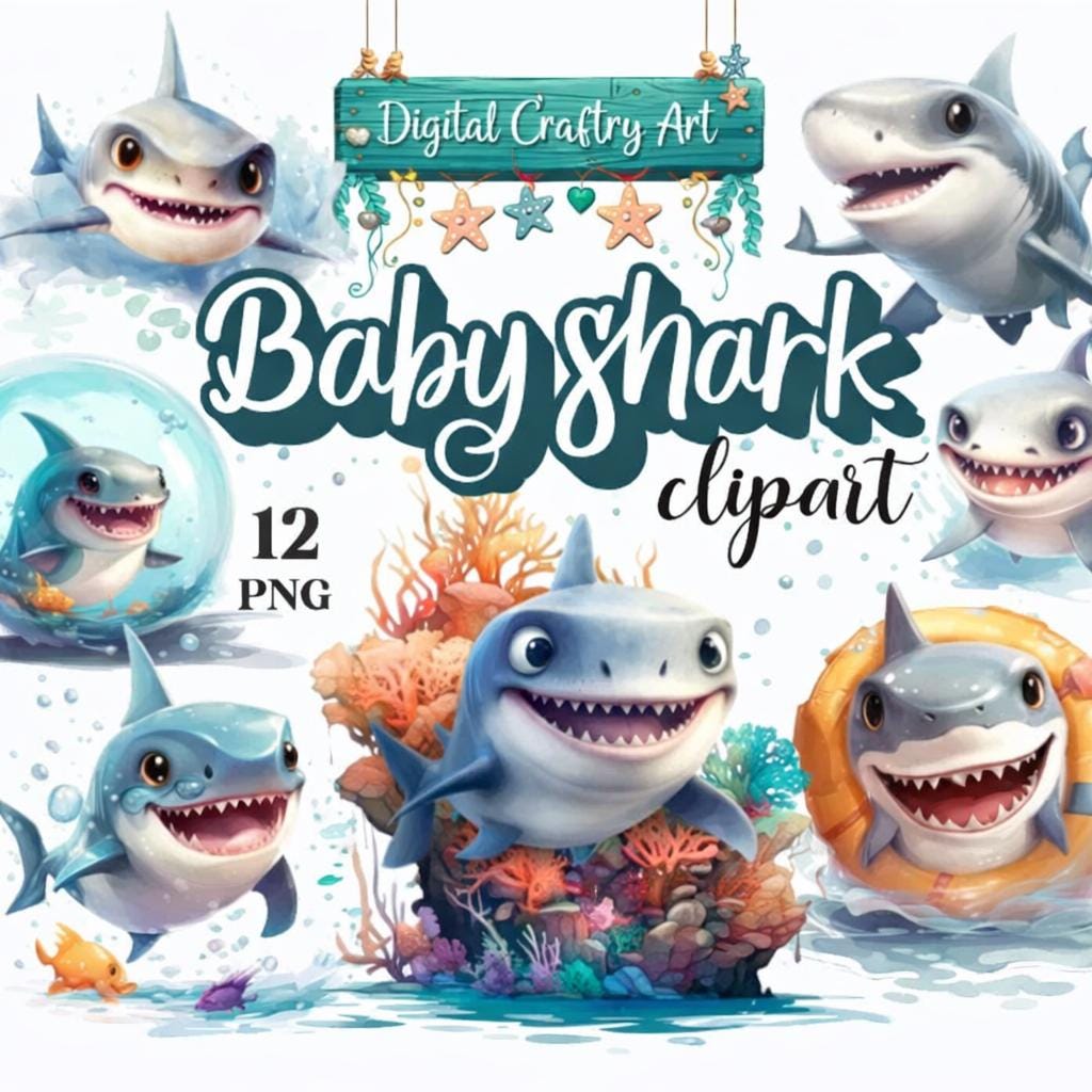 Baby Shark Clipart Bundle – 12 PNG Cute Shark Graphics, Ocean Nursery ...