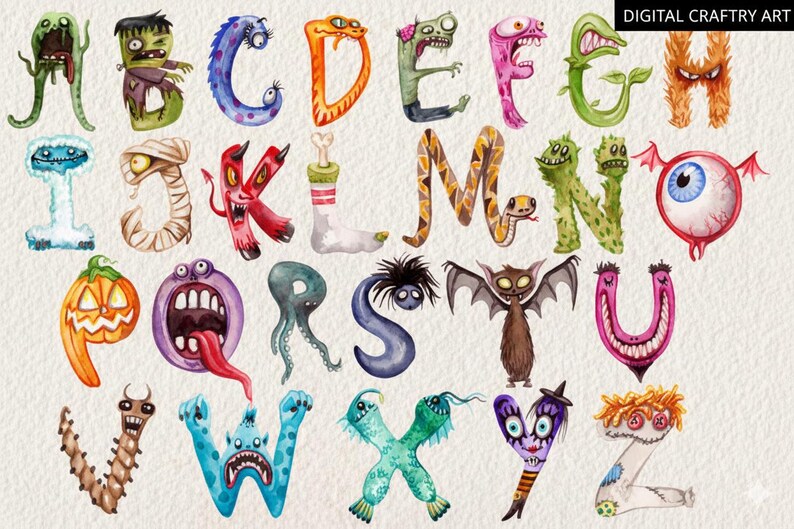 Monster Alphabet Clipart Bundle 26 PNG Watercolor Letters 300 DPI Kids ...