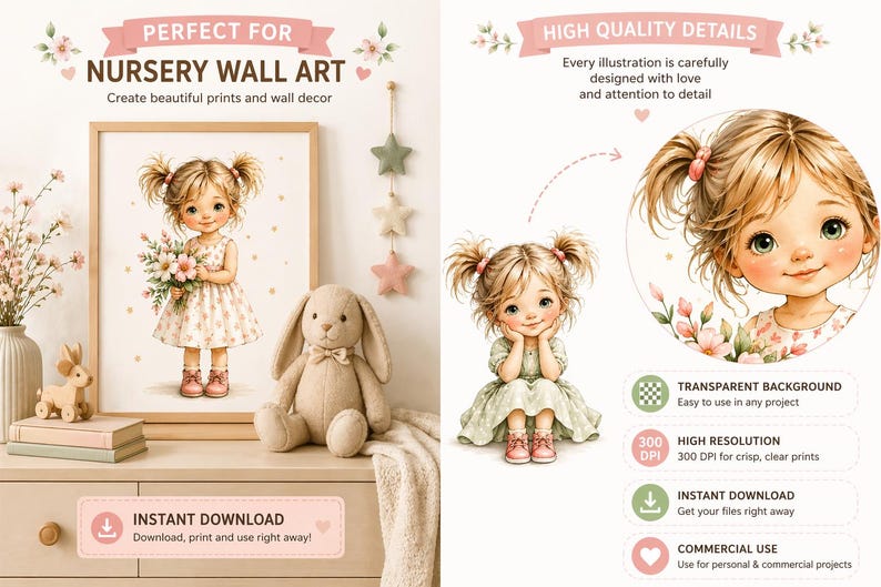 Watercolor Girl Clipart Bundle 27 PNG Cute Pigtail Girls Nursery Art ...
