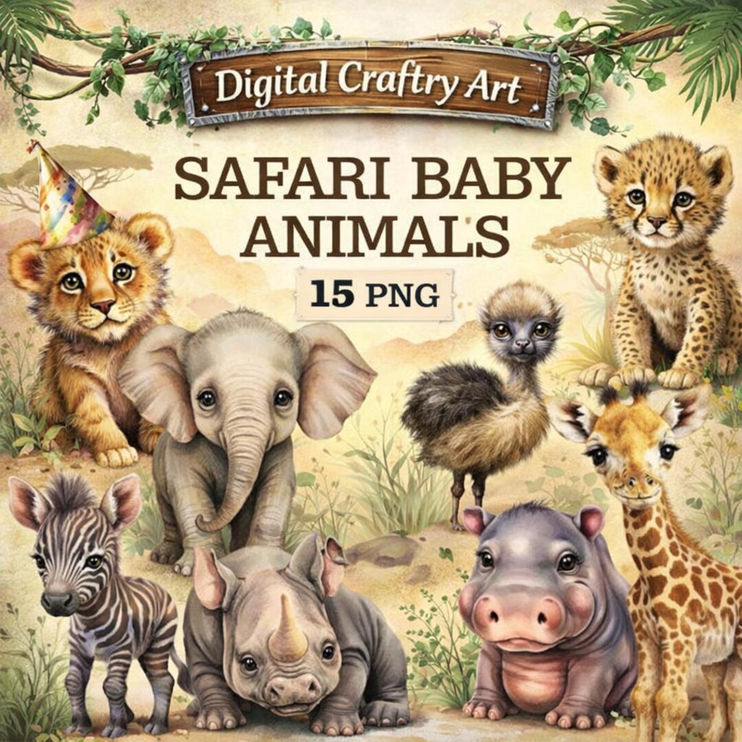 Safari Baby Animals Clipart Bundle – 15 PNG Watercolor Cute Jungle ...