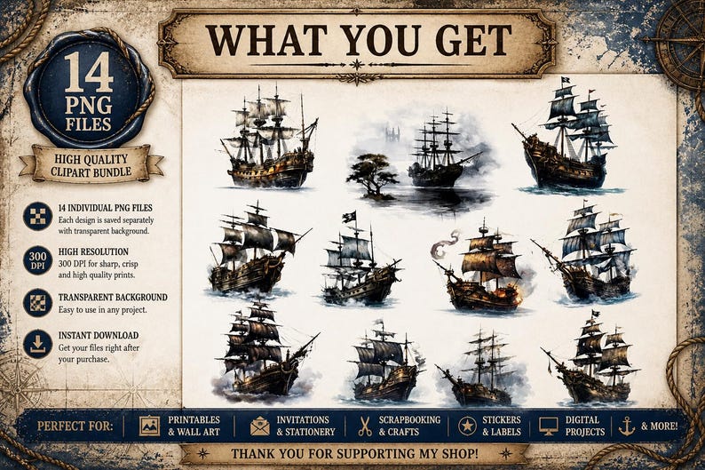 Pirate Ship Clipart Bundle 14 PNG, Nautical Sailing Ships, Vintage ...