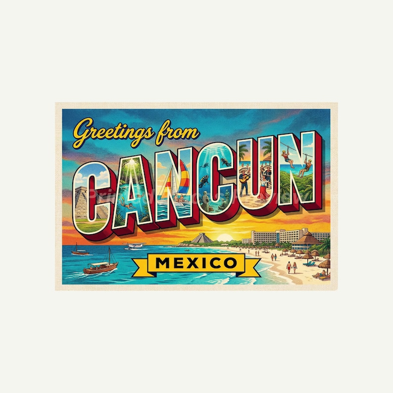 Cancun Mexico Postcard, Retro Greetings From Wall Art Print, Vintage ...