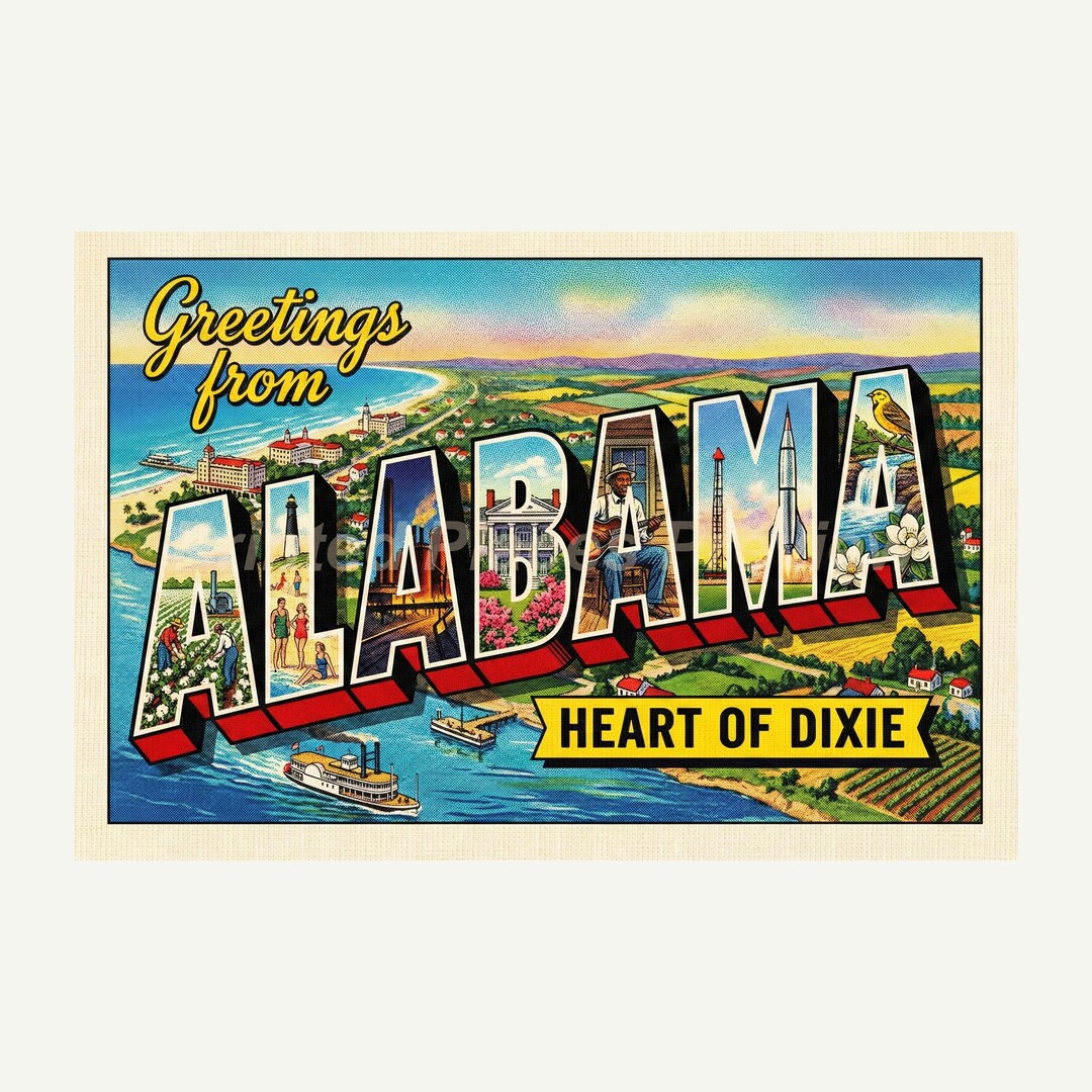 Alabama, Greetings From Style, Retro Mid-century Travel Wall Art ...