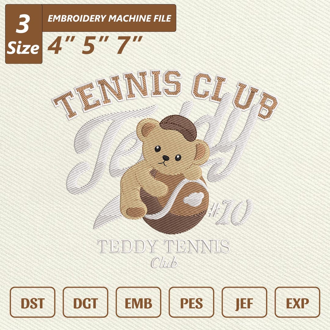 Tennis Teddy Embroidery Design | Cute Bear Sports Stitch | Tennis Club ...