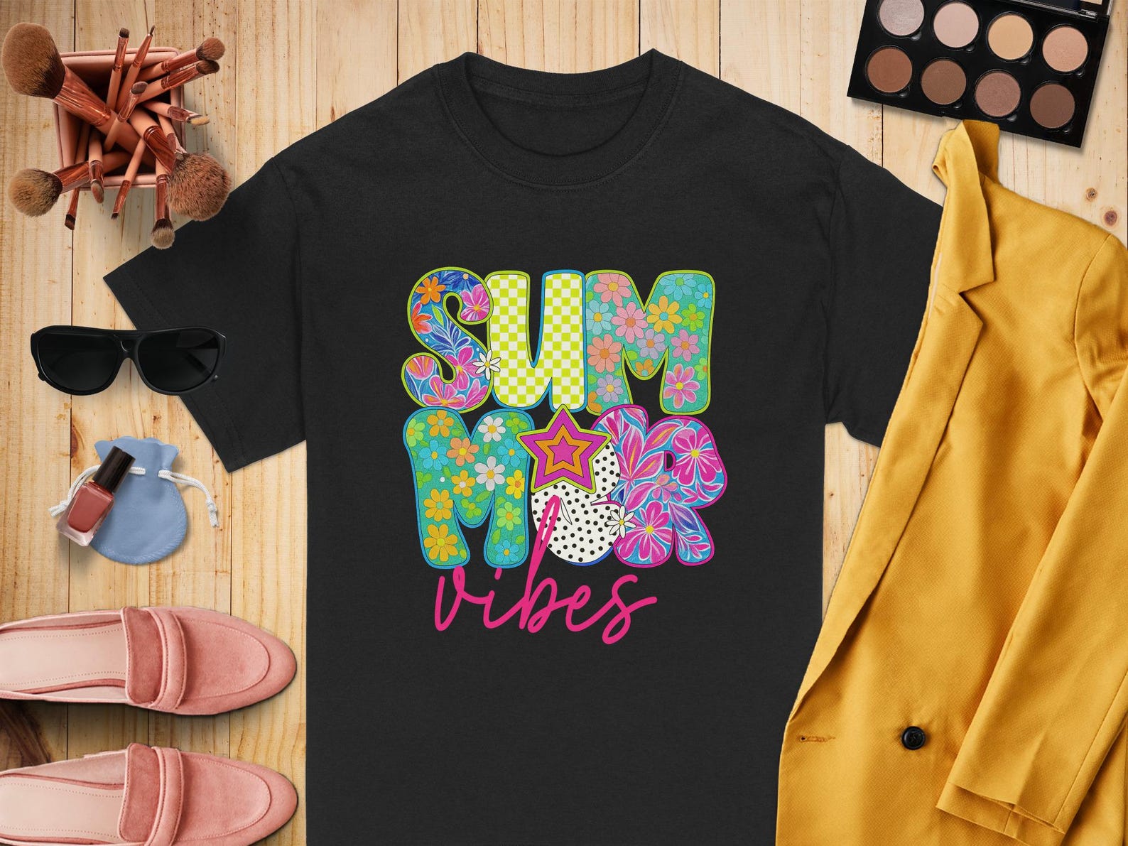 Groovy Summer Vibes T-shirts, Retro Floral Checkerboard Print ...