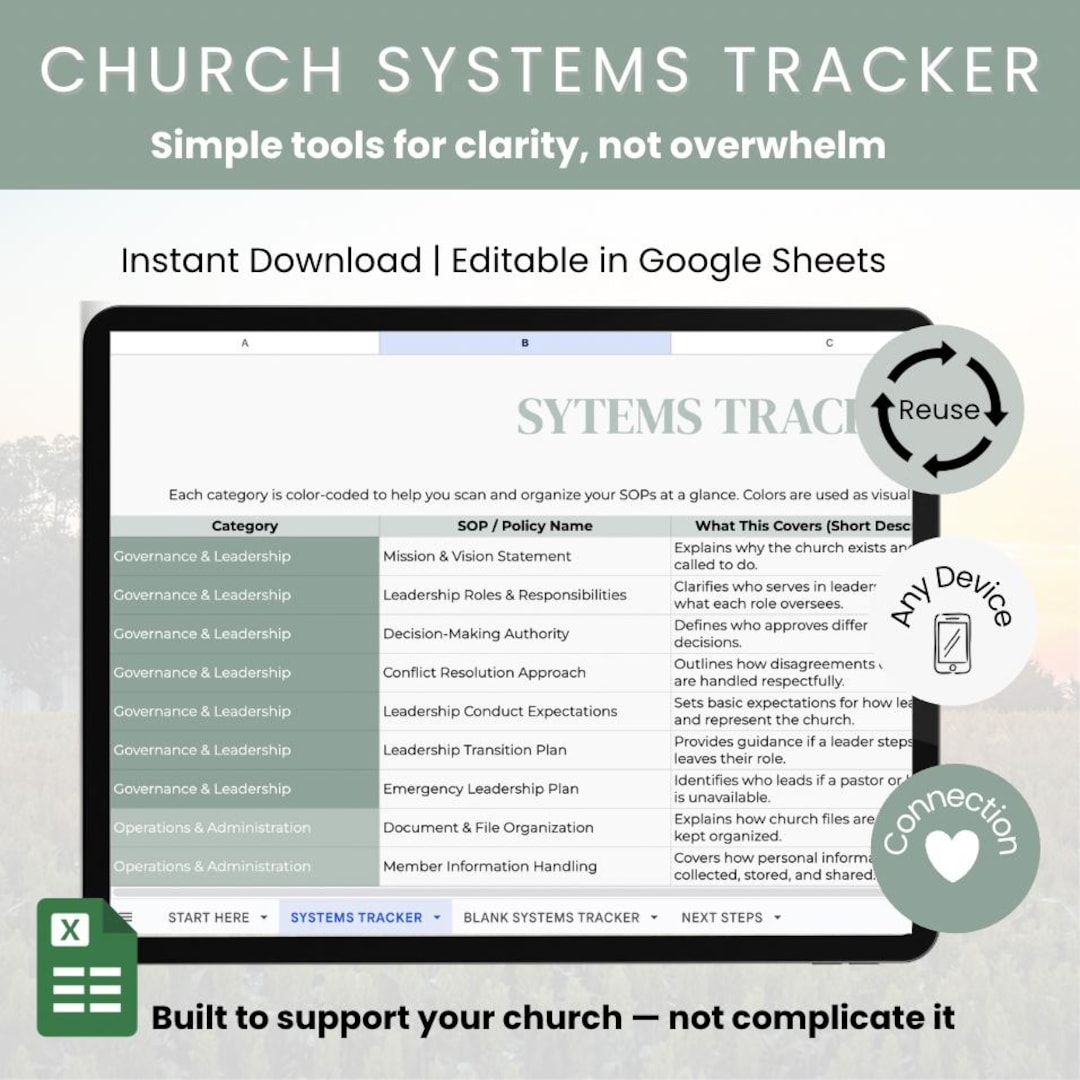 Church Systems Tracker Template | Church Operations Spreadsheet ...