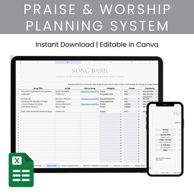 Praise and Worship Planning System | Google Sheets Worship Planner for ...
