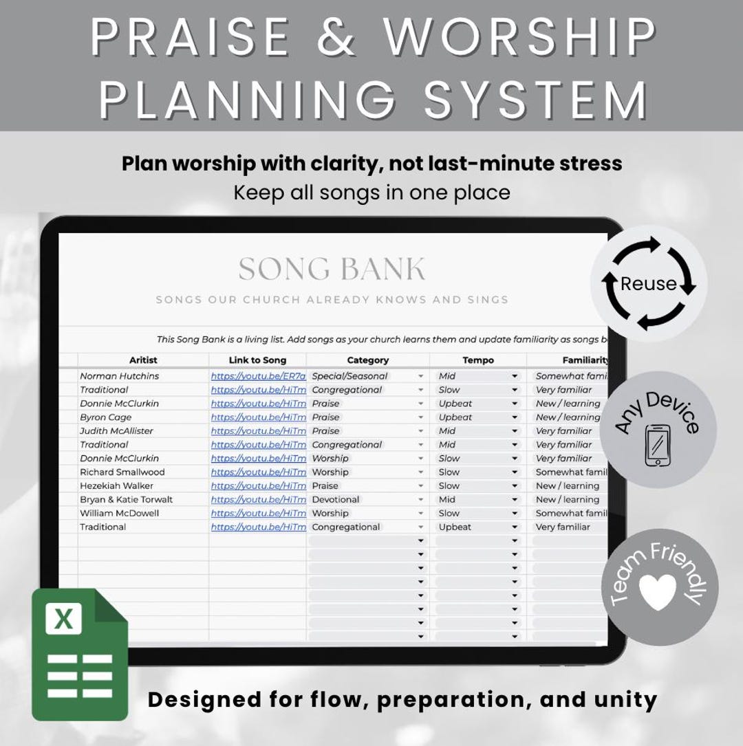Praise and Worship Planning System | Google Sheets Worship Planner for ...