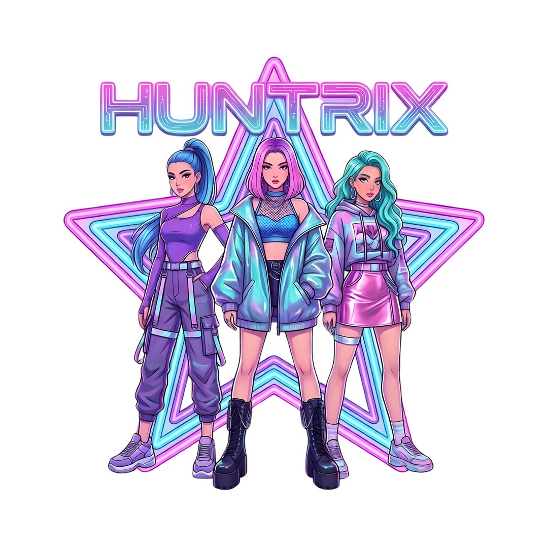 Huntrix K-pop Anime Girls Digital Art Print, Neon Star Background ...