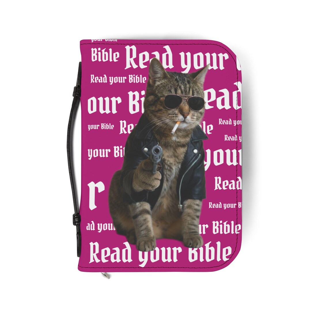 Cool Cat With Gun Read Your Bible Bible Cover | Zippered Bible Case ...