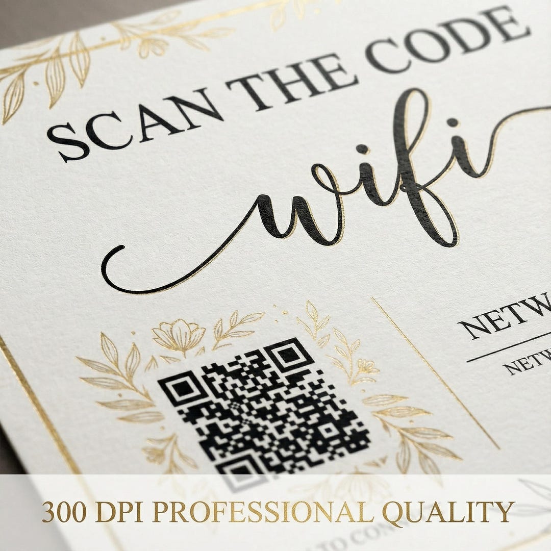 Wifi Password Sign With QR Code, Gold Floral Editable Canva Template ...