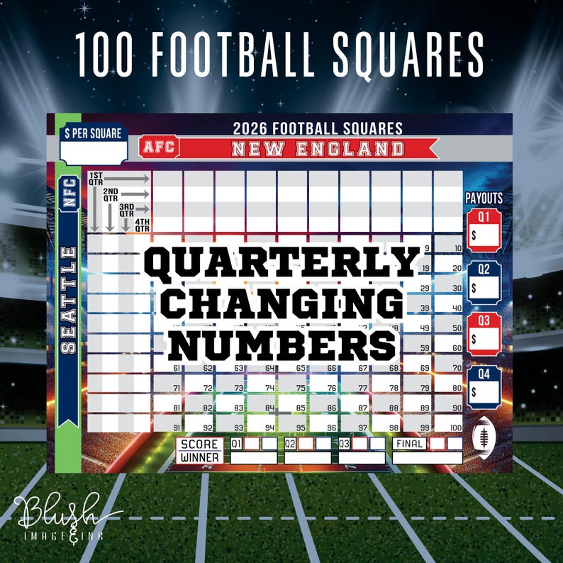 100 Square Football Squares by Quarter Printable Fillable Canva Link ...