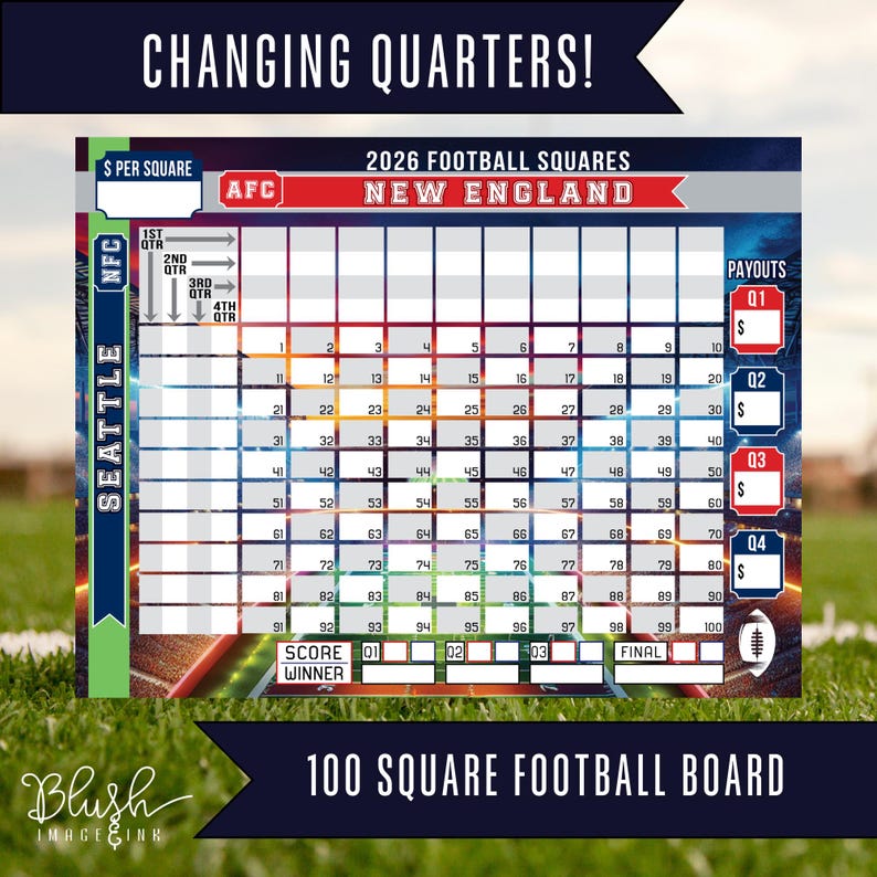 100 Square Football Squares by Quarter Printable Fillable Canva Link ...