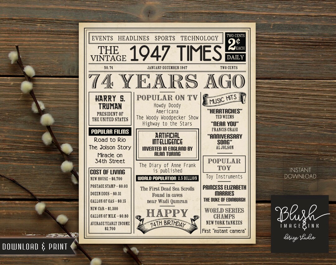 74 Birthday Poster, 74th Birthday Sign, 1947 Birthday NEWSPAPER, 74th ...
