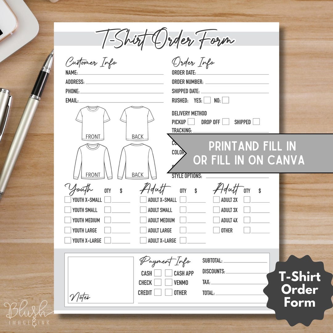 Editable Shirt Order Form Template Custom T-shirt Order Sheet PNG ...