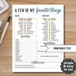 Printable “all About Me” Favorites Worksheet for Adults Self Discovery ...