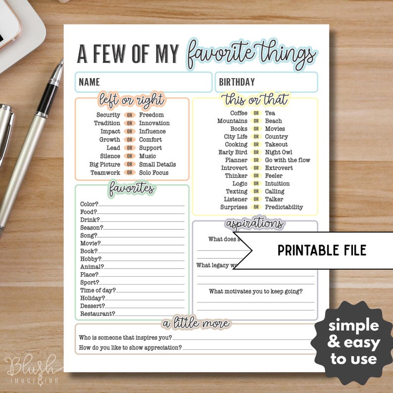 Printable “all About Me” Favorites Worksheet for Adults Self Discovery ...
