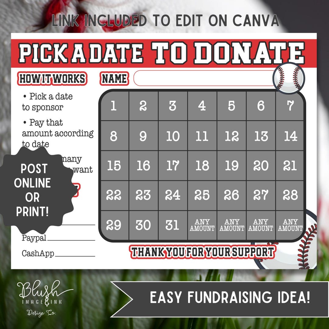 Baseball Calendar Fundraiser Editable Pick a Date to Donate Baseball ...