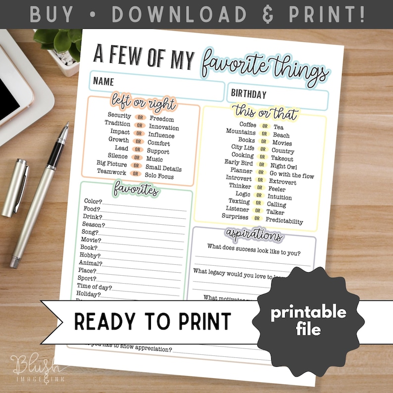 Printable “all About Me” Favorites Worksheet for Adults Self Discovery ...