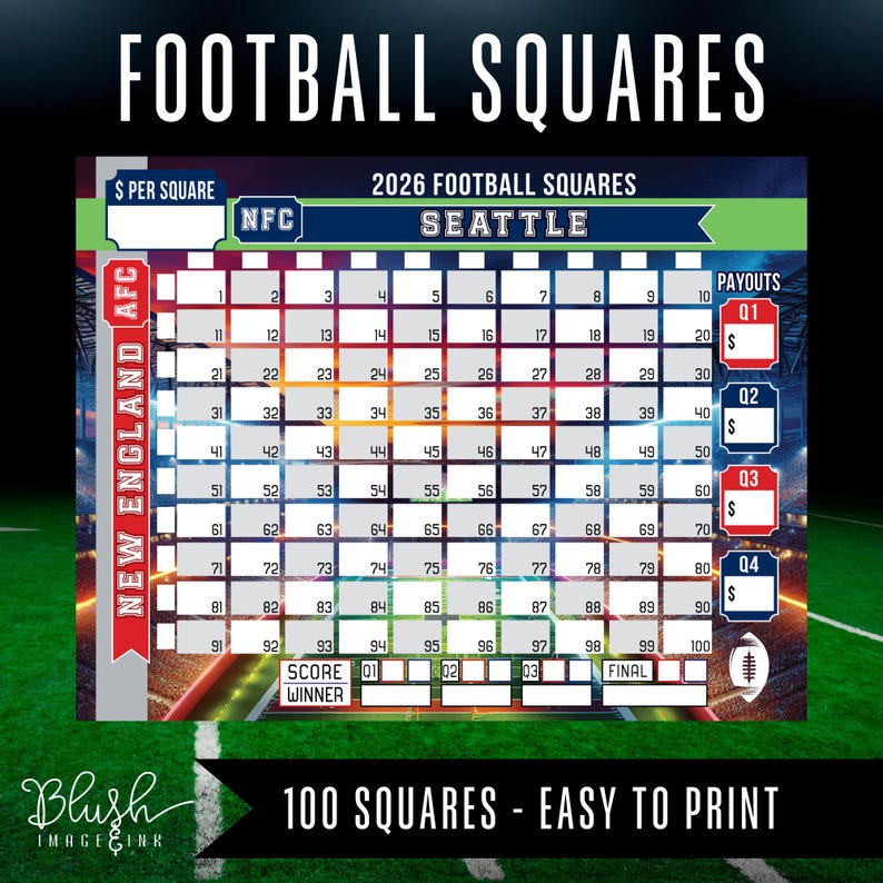 Super Big Game Football Squares Template 2026 Team Fundraiser Betting ...