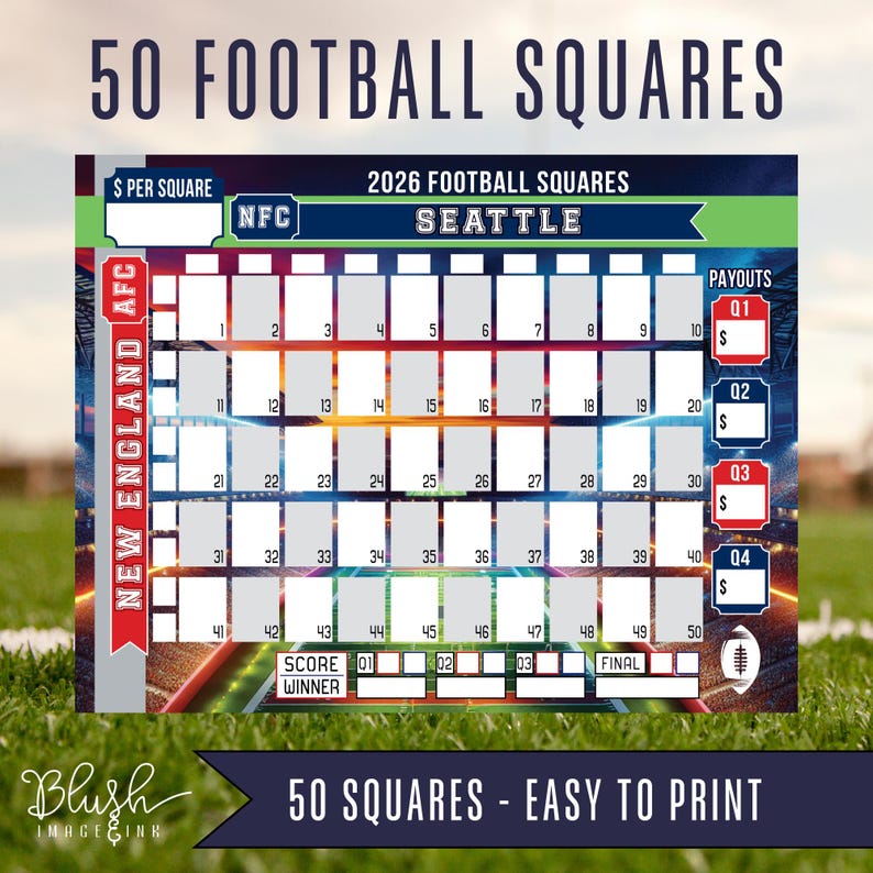 2026 Football Squares Template Football Party Game 60 Fun Fundraiser ...