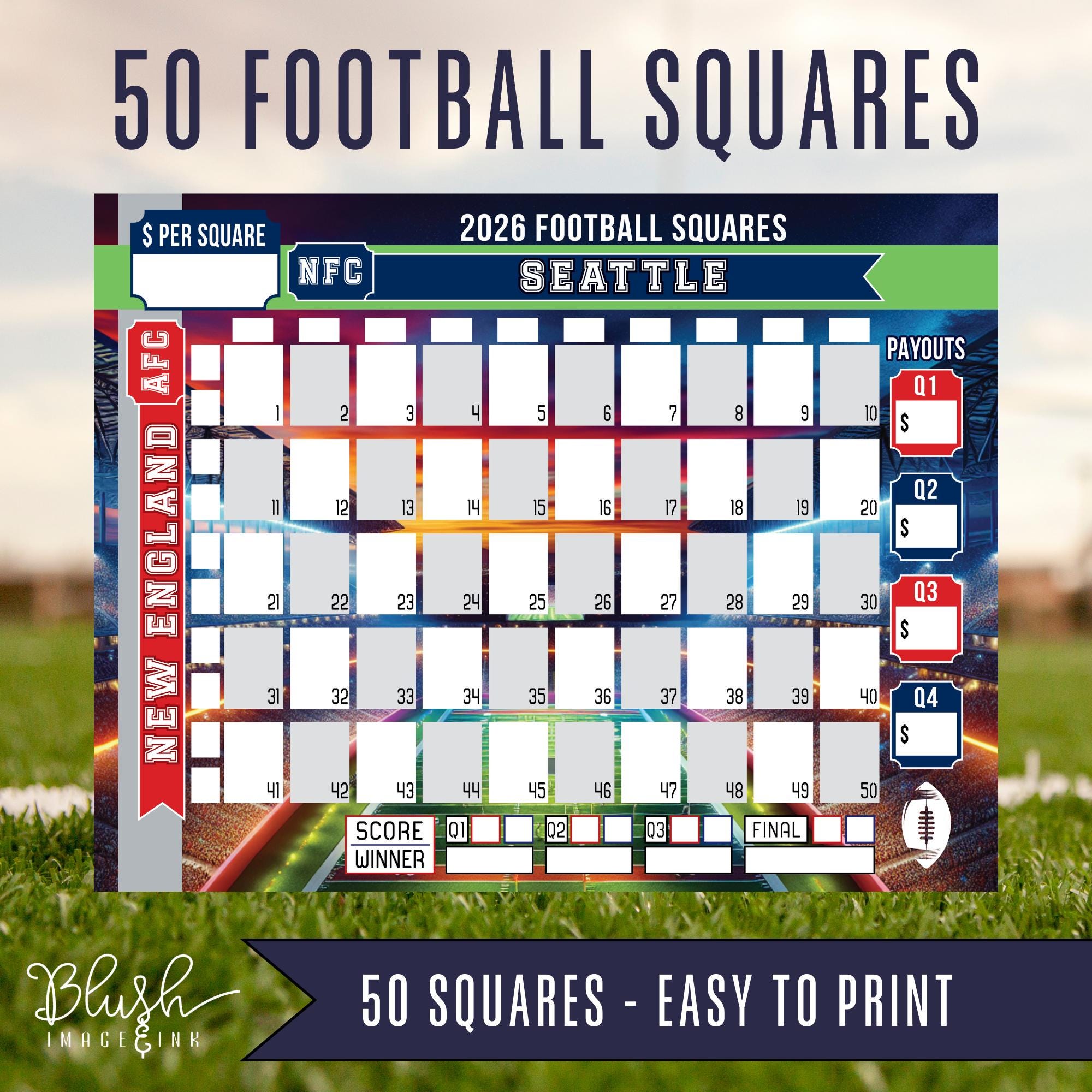 50 Football Squares GAME Day Printable 50 Super Football Bowl Squares ...