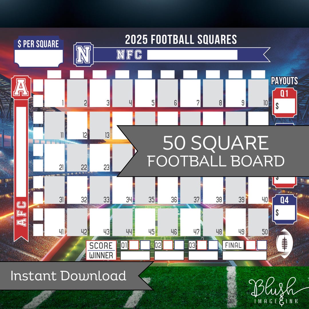 50 Football Squares 50 Super Football Bowl Squares Printable 2025 ...