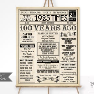 100th Birthday Newspaper Poster Sign, 100 Years Ago Back in 1925 USA ...