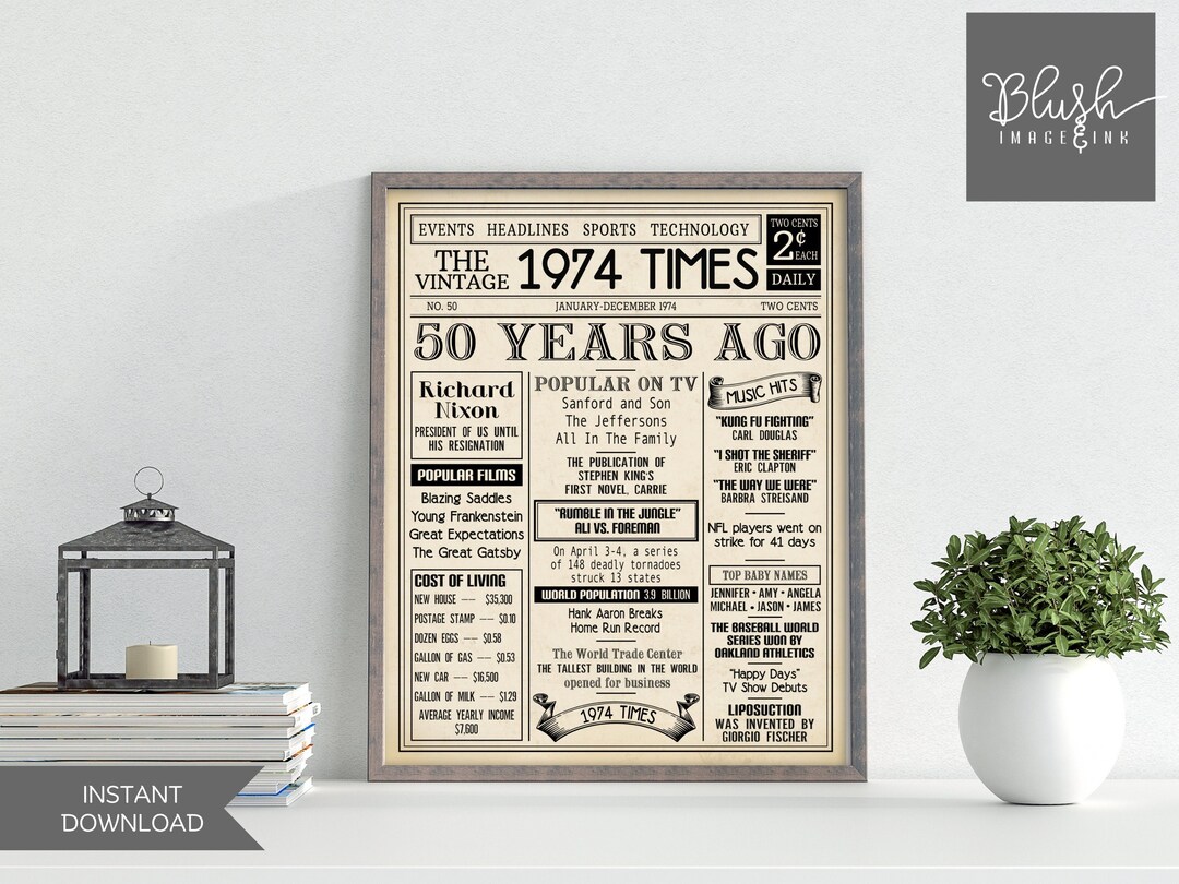 50th Birthday Gift for Men, 1974 Birthday NEWSPAPER 50th Birthday 1974 ...